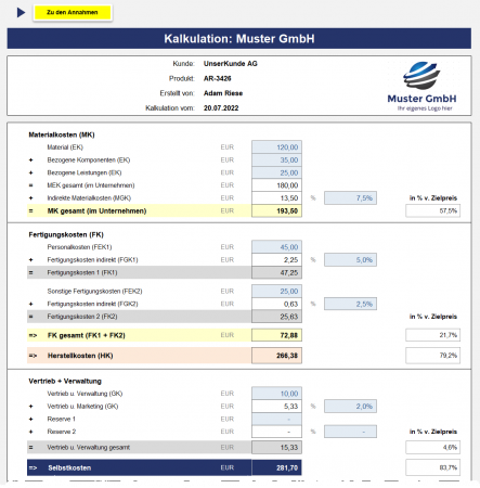 Kosten- & Preiskalkulation eigengefertigte Produkte | Excel-Vorlage